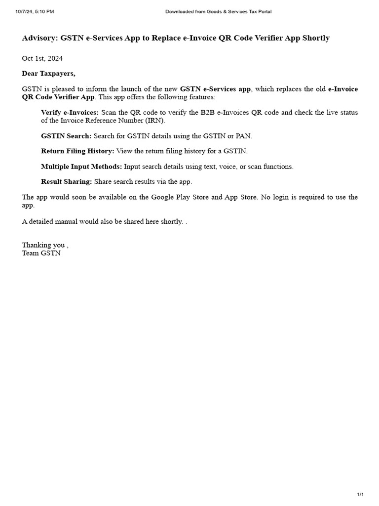 GSTN E-Services App To Replace E-Invoice QR Code Verifier App Shortly | PDF