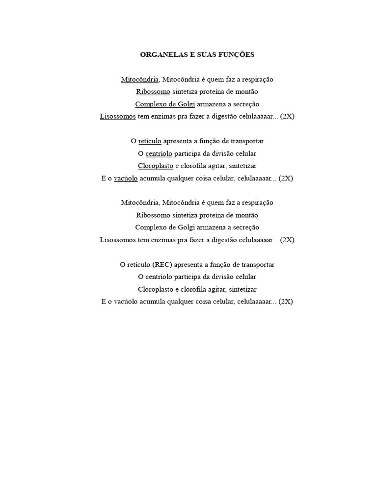 Organelas Funções Letra Música | PDF