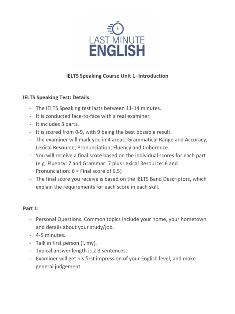 Last Minute English IELTS Speaking Unit 1 - Introduction To The Test | PDF