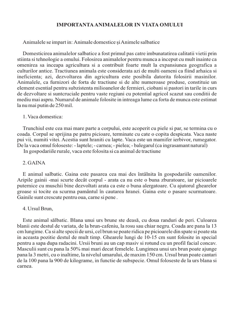 Importanța Animalelor Din Localitatea Ta | PDF