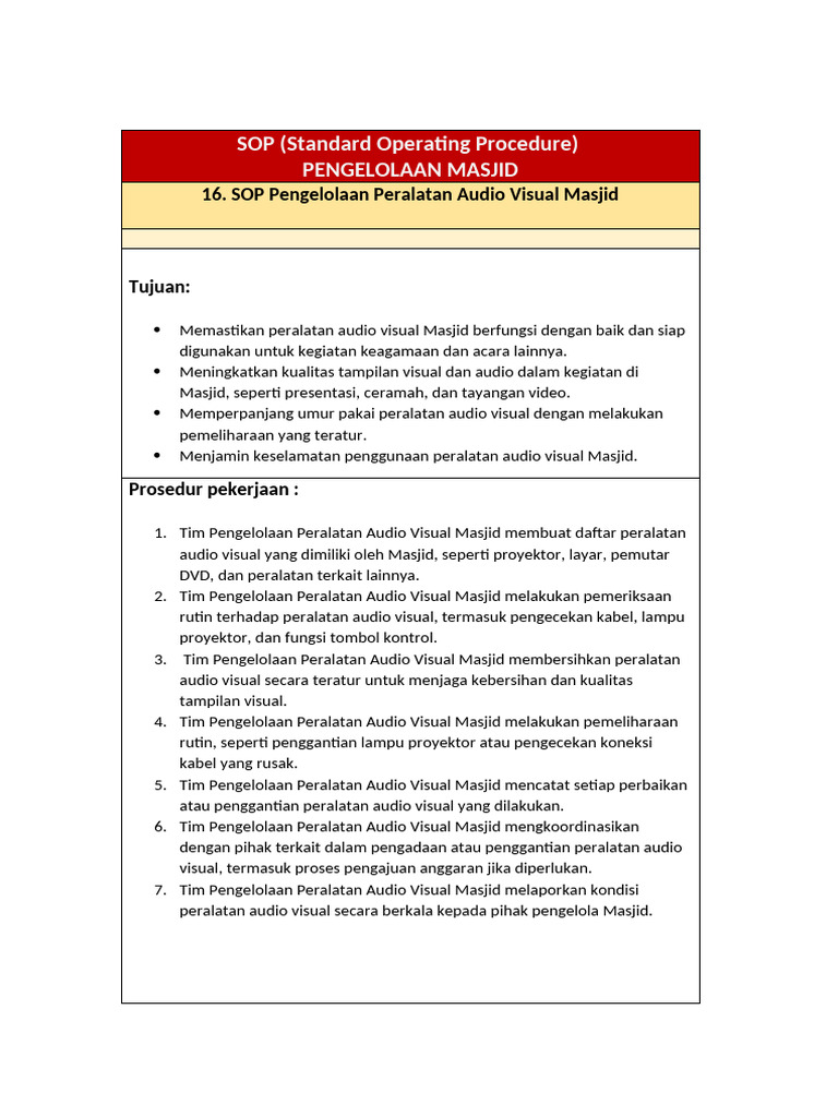 SOP Pengelolaan Peralatan Audio Visual Masjid | PDF