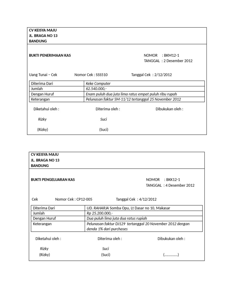 CV Keisya Maju Jl. Braga No 13 Bandung Bukti Penerimaan Kas | PDF