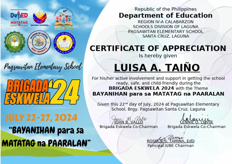Brigada Eskwela Certificate | PDF