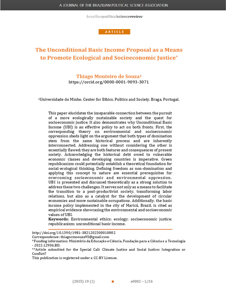The Unconditional Basic Income Proposal As A Means To Promote Ecological and Socioeconomic ...