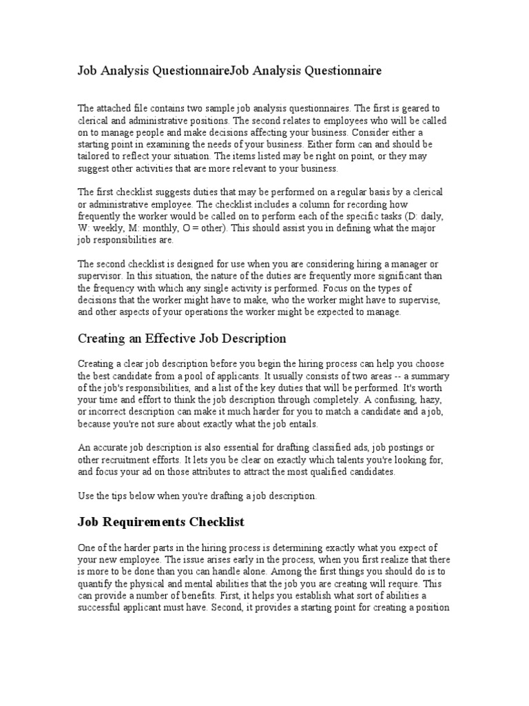 Job Analysis Questionnaire Job Analysis Questionnaire | PDF ...