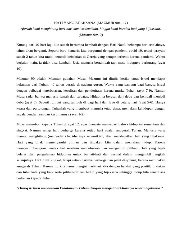 19 November 2023 - Mazmur 90 - Hati Yang Bijaksana | PDF