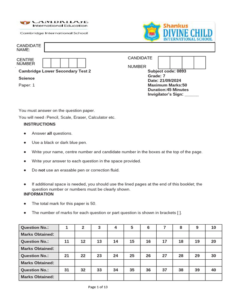 7 Science CheckpointTest2 (QP) Swetha Sharma - Paper1. | PDF