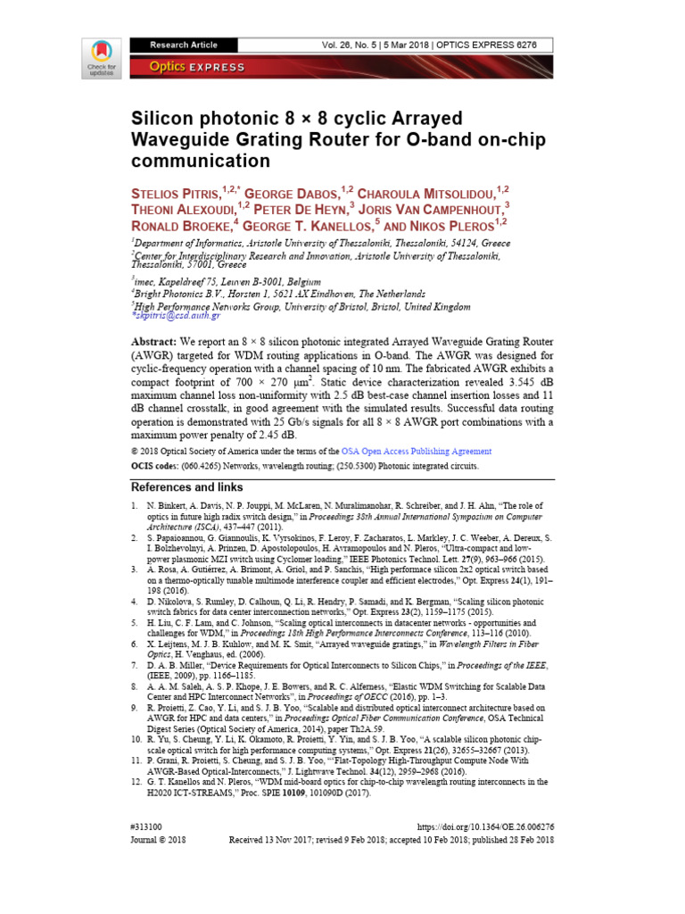 Silicon Photonic 8 × 8 Cyclic Arrayed Waveguide Grating Router For O-Band On-Chip Communication ...