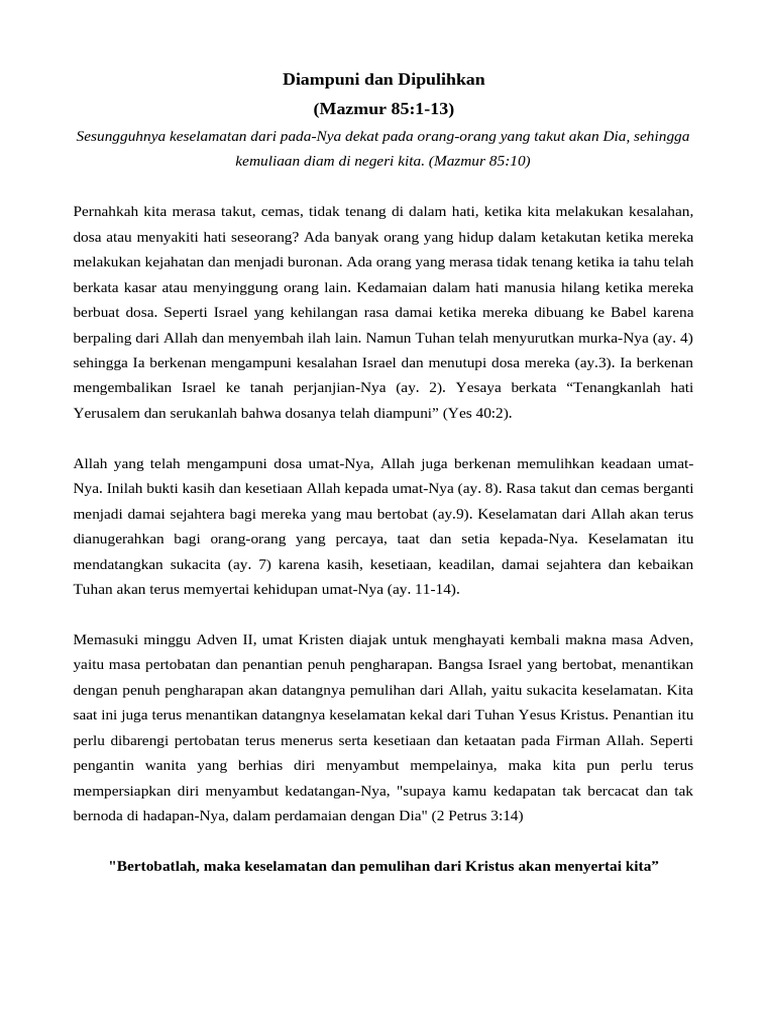 10 Des 2023 - Mazmur 85 - Diampuni Dan Dipulihkan | PDF
