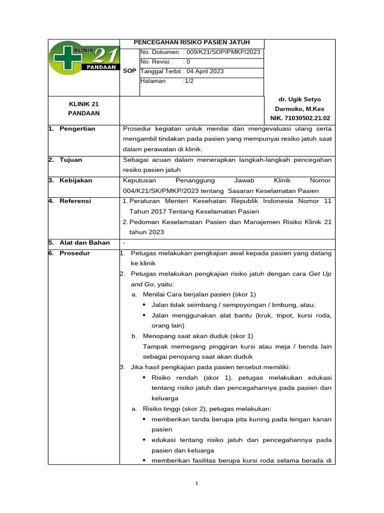 PMKP. 2. 7 SOP Pencegahan Risiko Pasien Jatuh | PDF