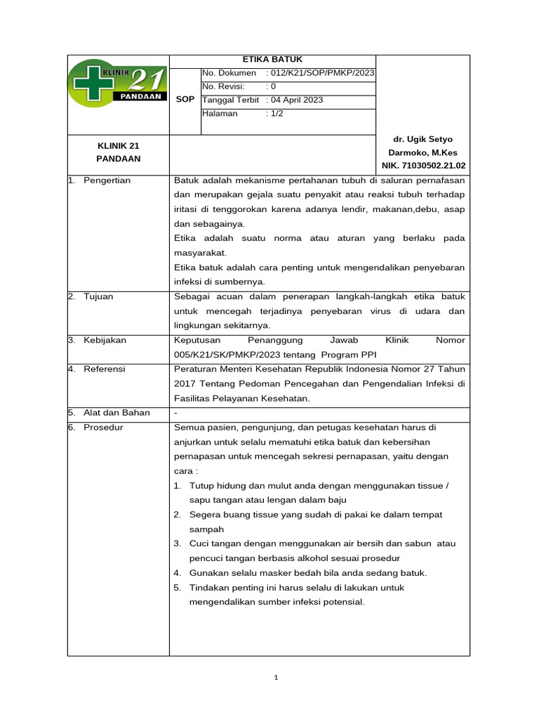 PMKP. 3. 1 SOP Etika Batuk | PDF