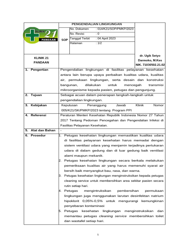PMKP. 3. 1 SOP Pengendalian Lingkungan | PDF