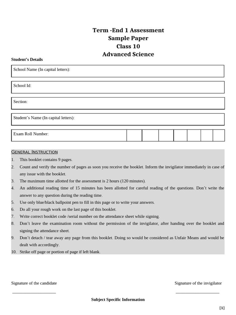 Advanced Science-Class 10 Sample Paper-2024-25 | PDF