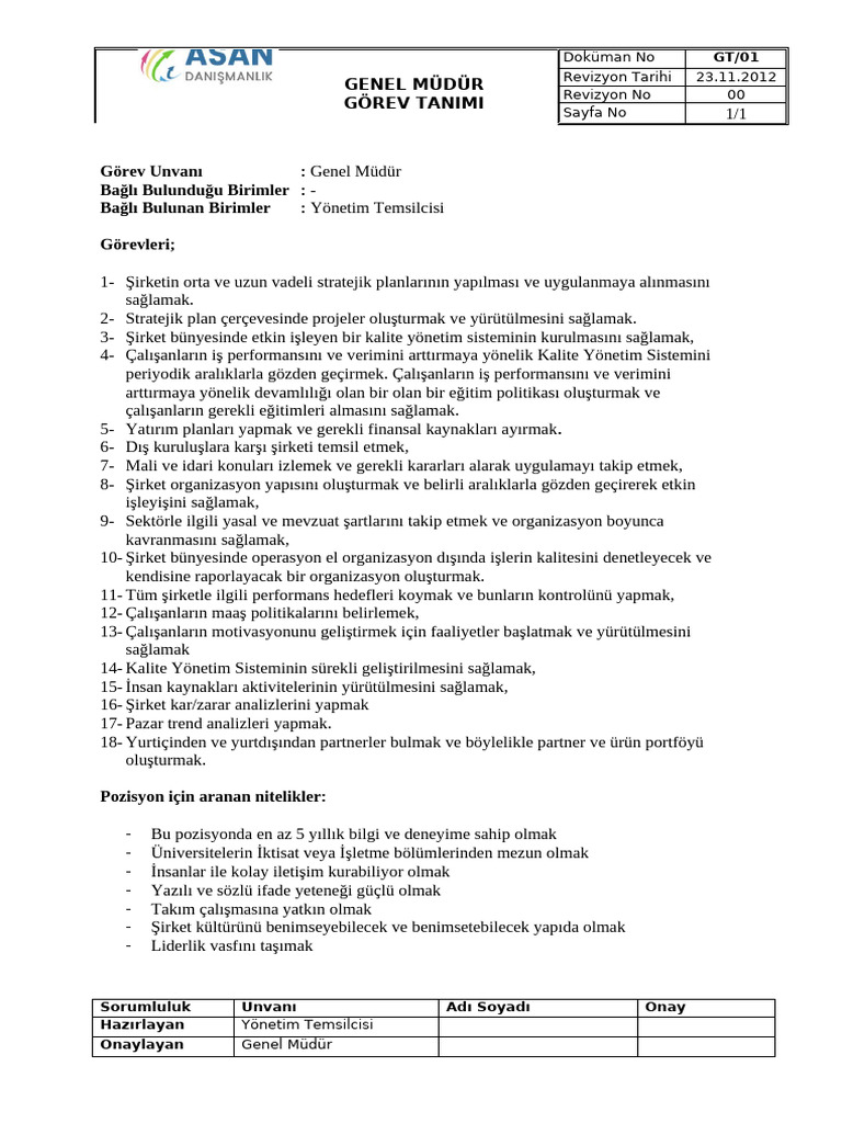 Genel Mudur Gorev Tanimlari | PDF