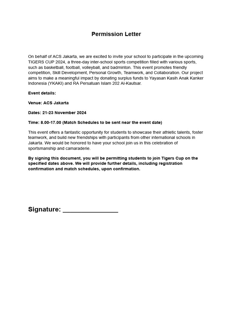 ACS Tigers Charity Cup - School Permission Letter | PDF