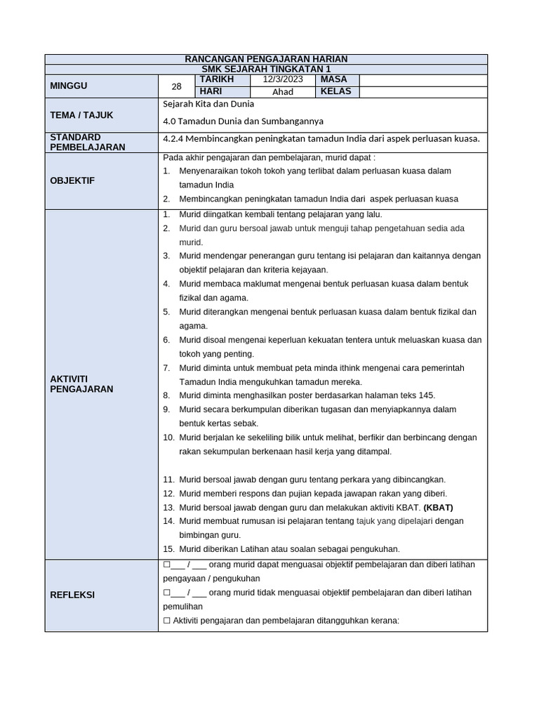 RPH Ringkas Minggu 28 SMK Sejarah Tingkatan 1 by Cikgu Gorgeous | PDF