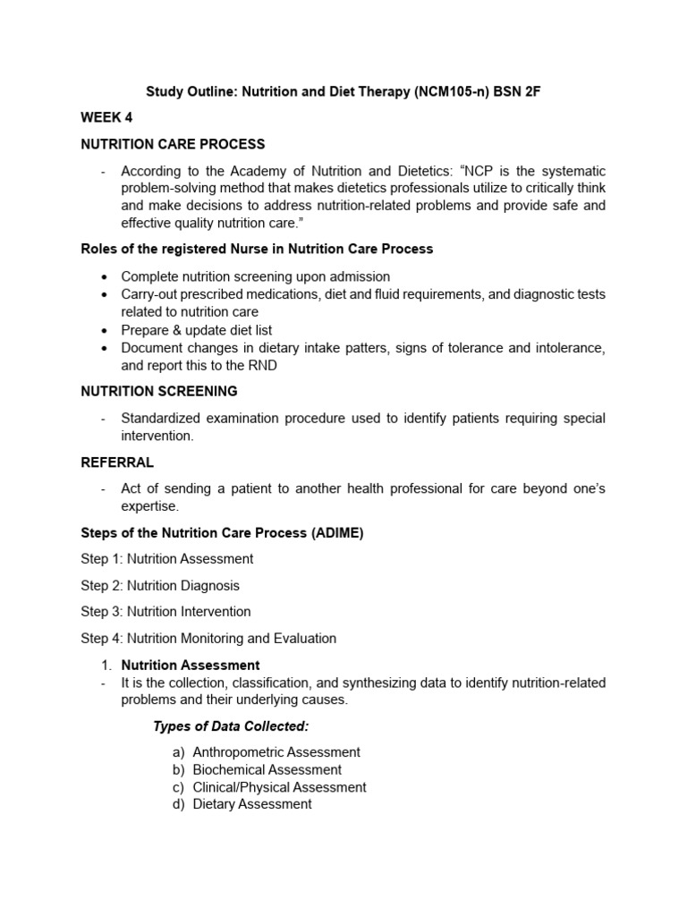 BSN 2F Study Outline Week 4 | PDF | Medical Diagnosis | Nutrition