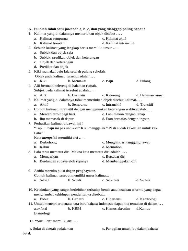 Soal PTS Bahasa Indo Kelas 4 KM | PDF