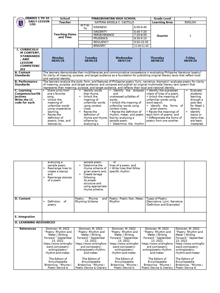 Grade 7-Dll-Matatag-Week 1 | PDF