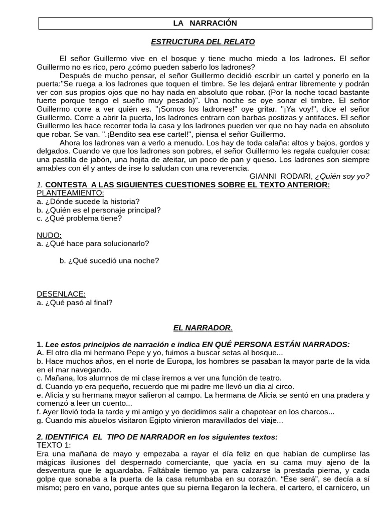 Elementos de LA NARRACION Actividades | PDF