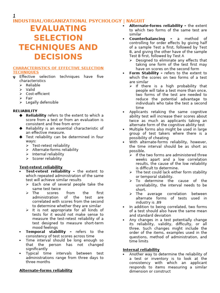 IO Psychology - CH6 - Evaluating Selection Techniques and Decisions | PDF