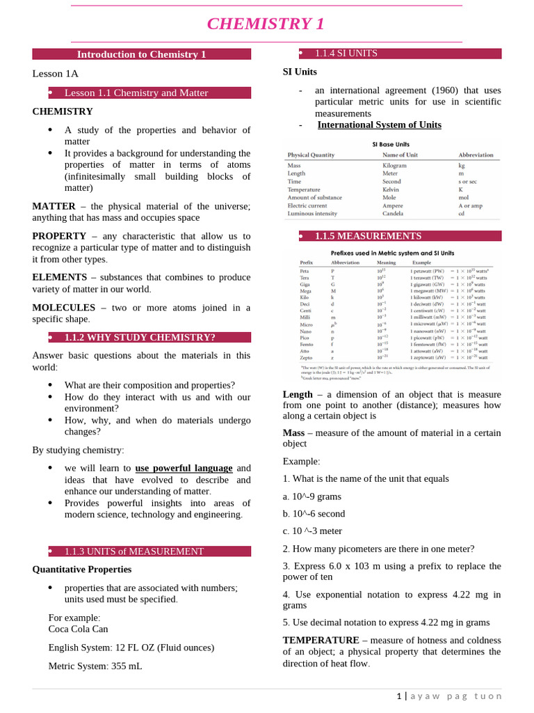 Chemistry 1 Reviewer (Not Complete) | PDF