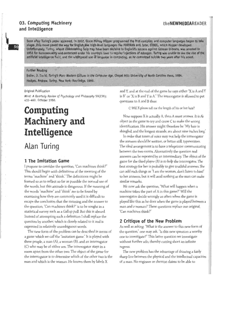 Turing - Computing Machinery and Intelligence | PDF
