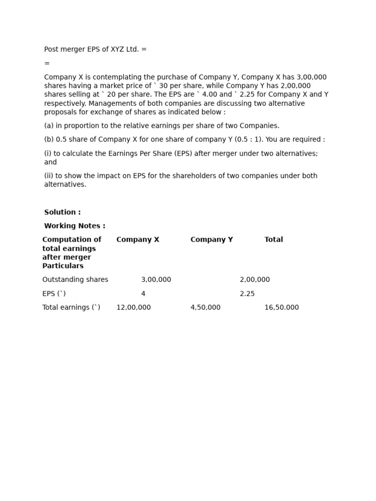 Solution: Working Notes: Computation of Total Earnings After Merger ...