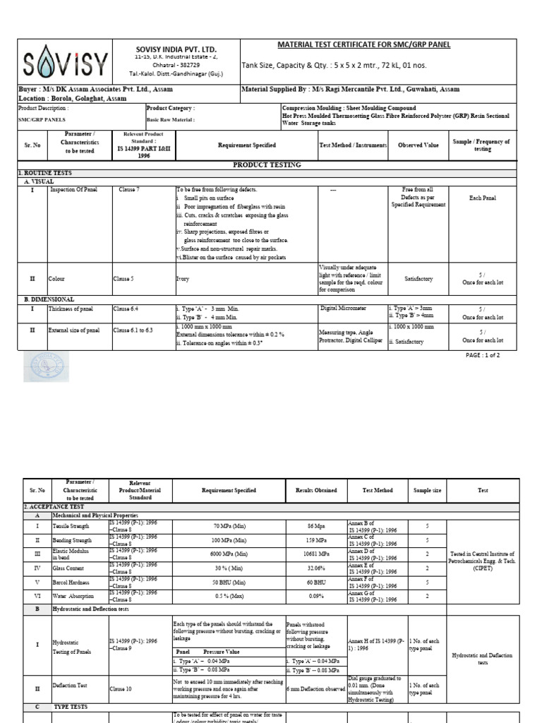Material Test Certificate For SMC/GRP Panel Sovisy India Pvt. LTD | PDF