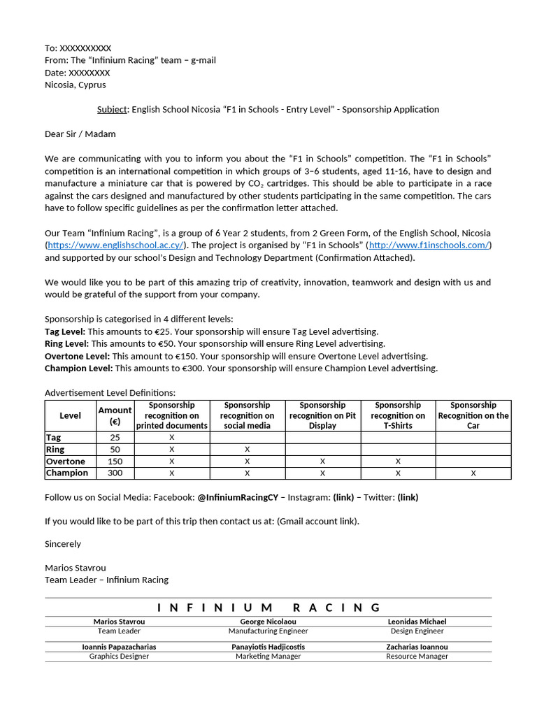 Infinium Racing Sponsor Email | PDF