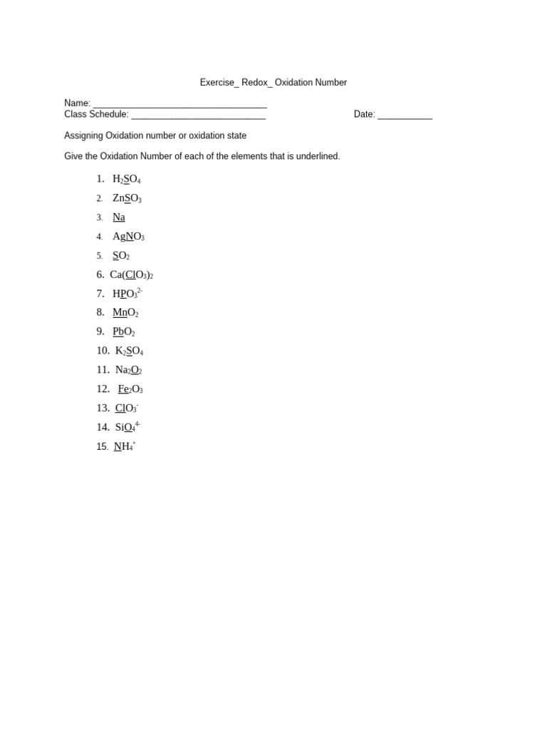 Exercise_ Redox_ Oxidation Number | PDF