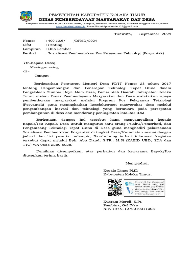 Surat Sosialisasi Posyantek | PDF