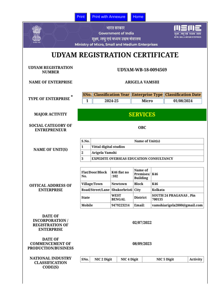 Print - Udyam Registration Certificate | PDF