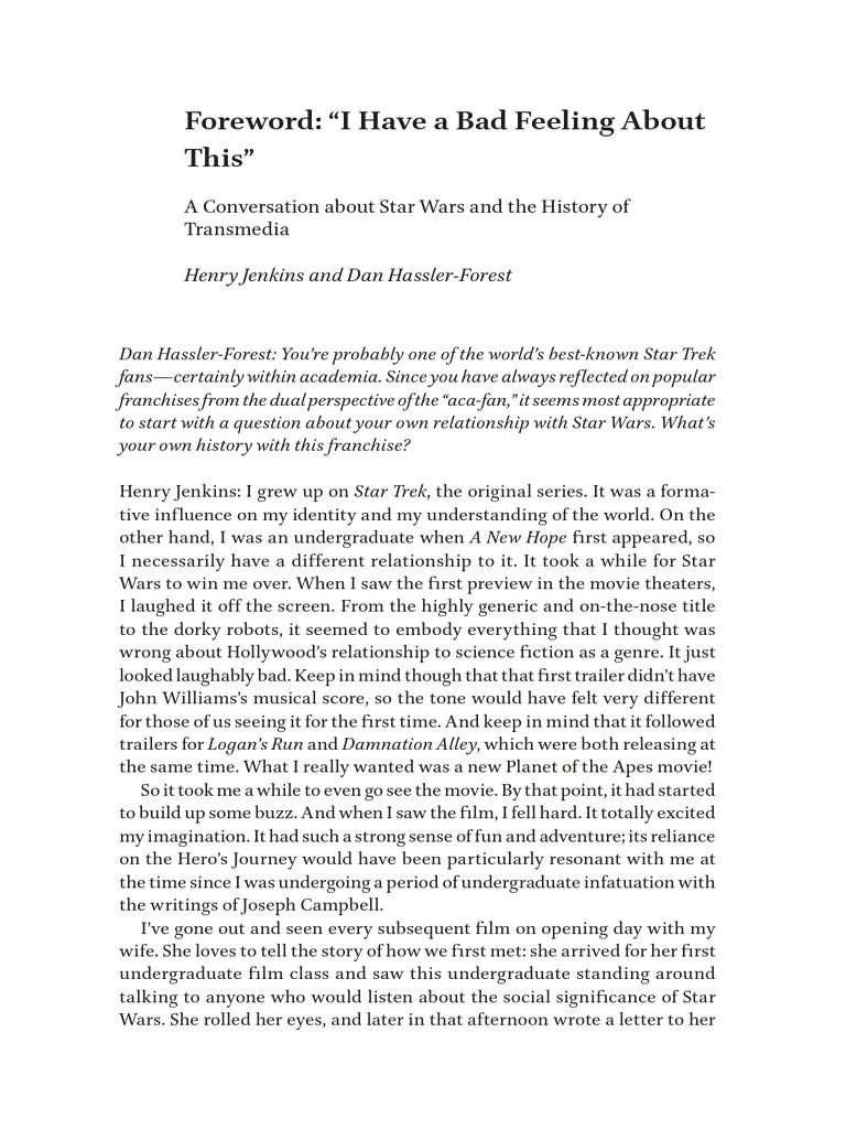 Hassler-Forest and Jenkins, Foreword: I Have A Bad Feeling About This | PDF