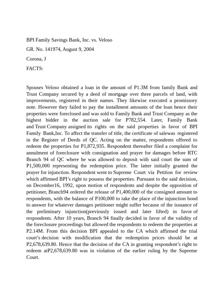BPI Family Savings Bank vs. Veloso Case | PDF | Foreclosure | Home & Garden