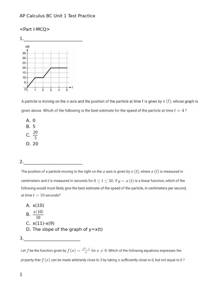 AP Calculus BC Unit 1 Test Practice 1. | PDF