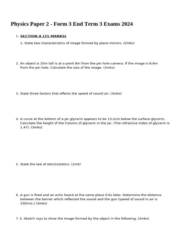 Physics Paper 2 - Form 3 End Term 2 Exams 2024 Set 1-1771 | PDF ...