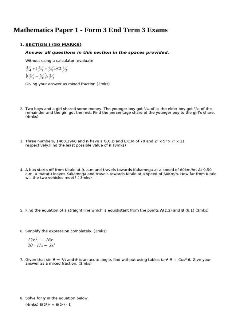 Mathematics Paper 1 - Form 3 End Term 2 Exams 2024 Set 1-1759-1 | PDF