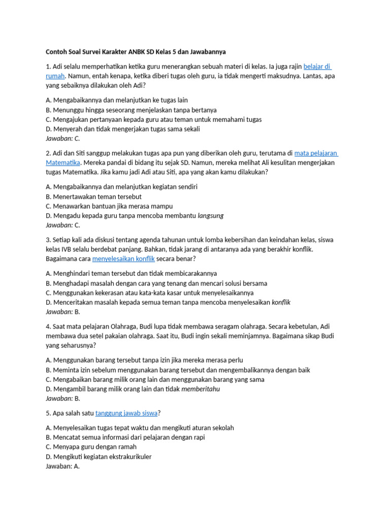 Contoh Soal Survei Karakter ANBK SD Kelas 5 Dan Jawabannya | PDF