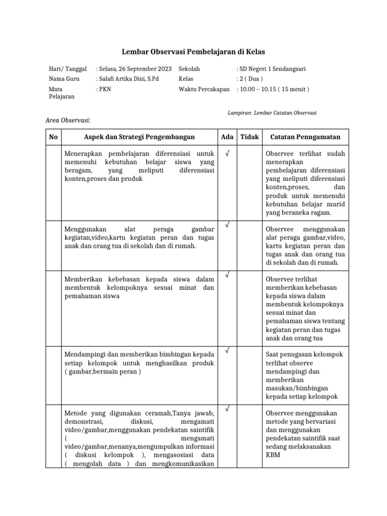 Lembar Observasi Pembelajaran | PDF | Karier & Perkembangan