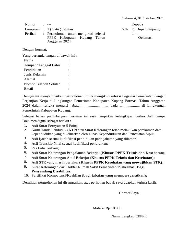 FORMAT SURAT LAMARAN Dan PERNYATAAN CPPPK 2024 | PDF | Hukum