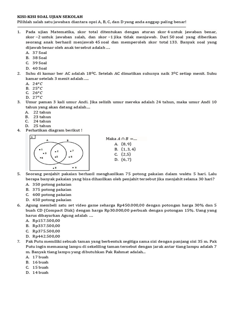 Kisi-Kisi Soal Ujian Sekolah Matematika 2024 | PDF