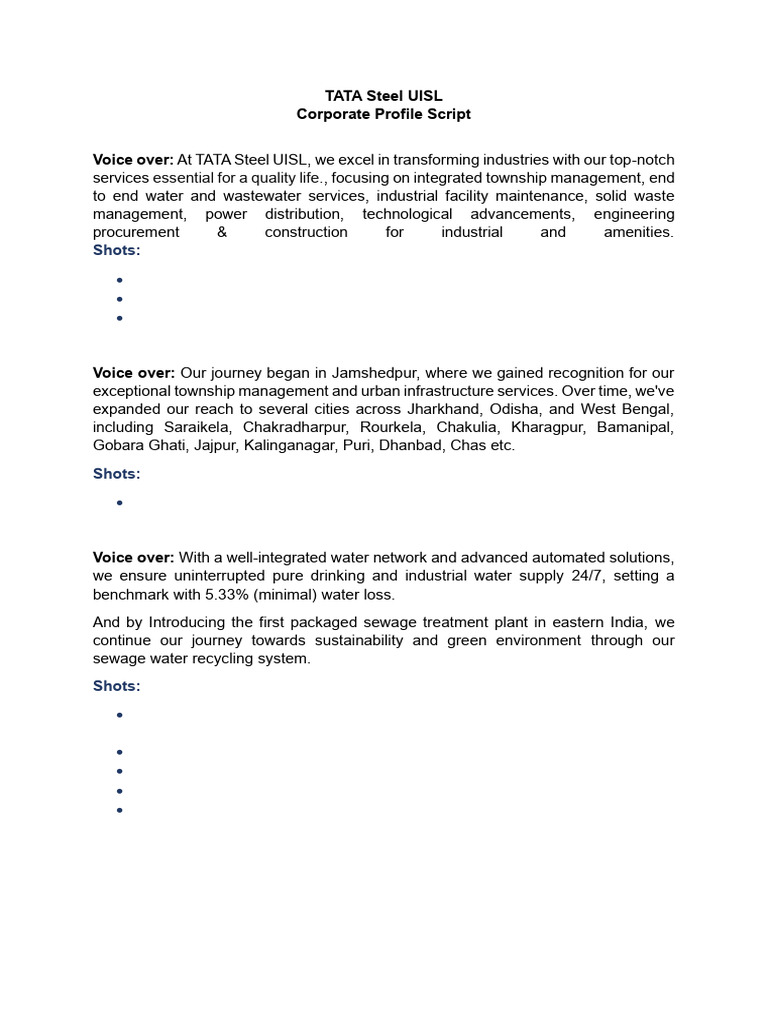 5th Draft of TATA Steel UISL Script With Shot Division | PDF