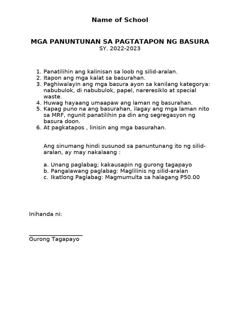 Panuntunan Sa Pagtatapon NG Basura OK | PDF Panuntunan Sa Pagtatapon NG Basura OK | PDF