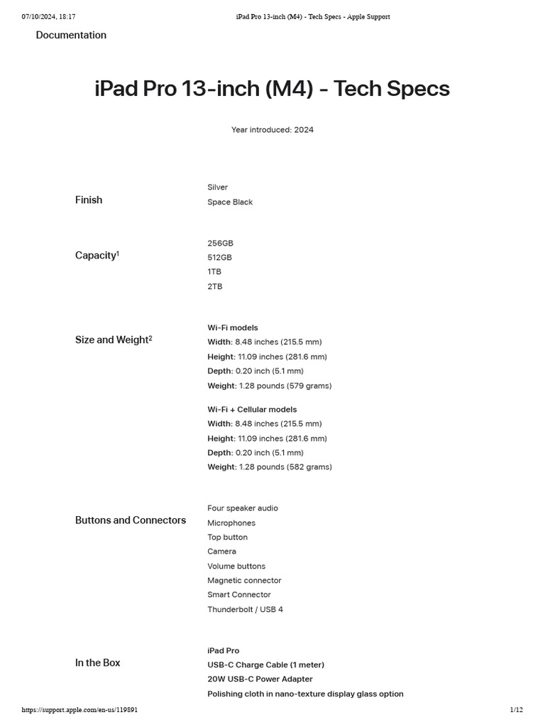 Ipad Pro 13 Inch (M4) - Tech Specs - Apple Support | PDF