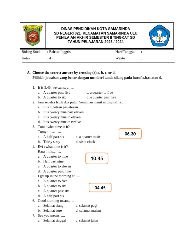 contoh soal PTS bahasa inggris kelas 4 | PDF