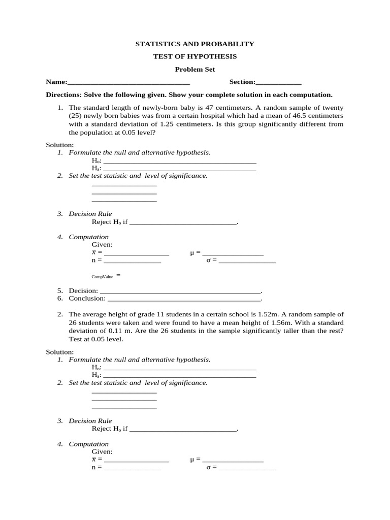 Test of Hypothesis - Prob Set | PDF