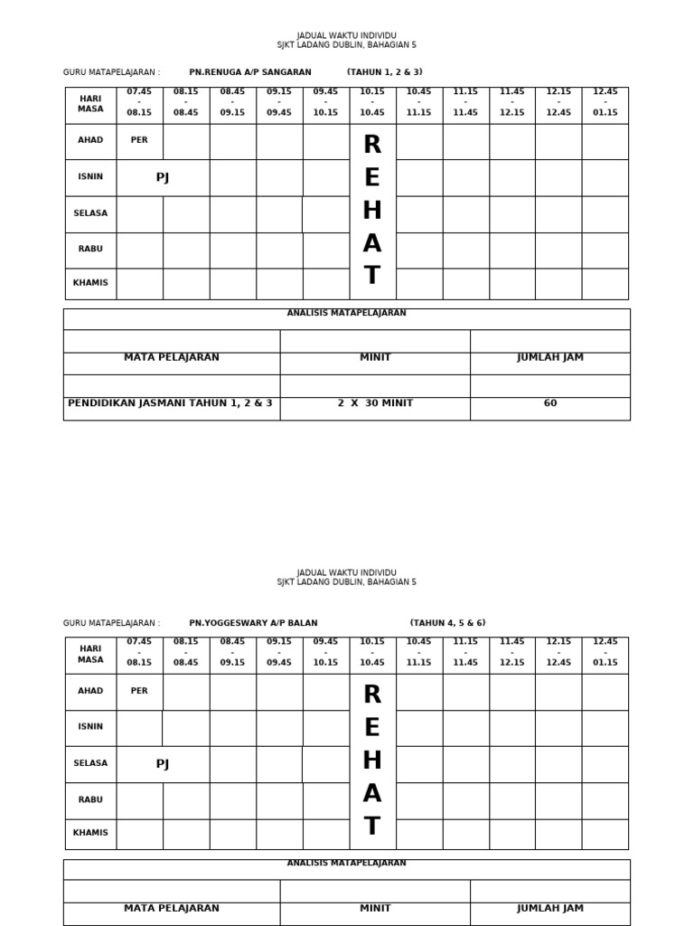 Jadual Waktu Persendirian PJPK | PDF