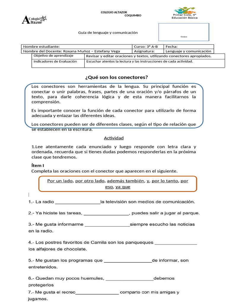 Guía conectores 3° básico. | PDF