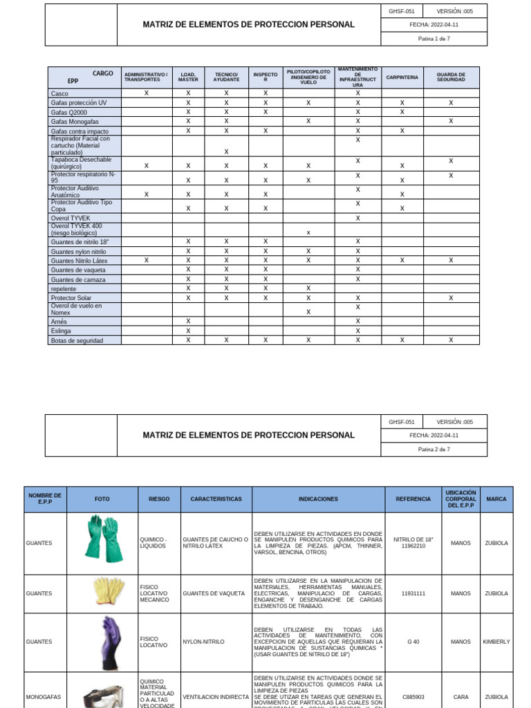 GHSF-051 Matriz de Elementos de Proteccion Personal | PDF